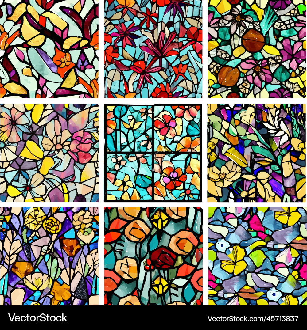 Set of stained glass abstract flora patterns Vector Image