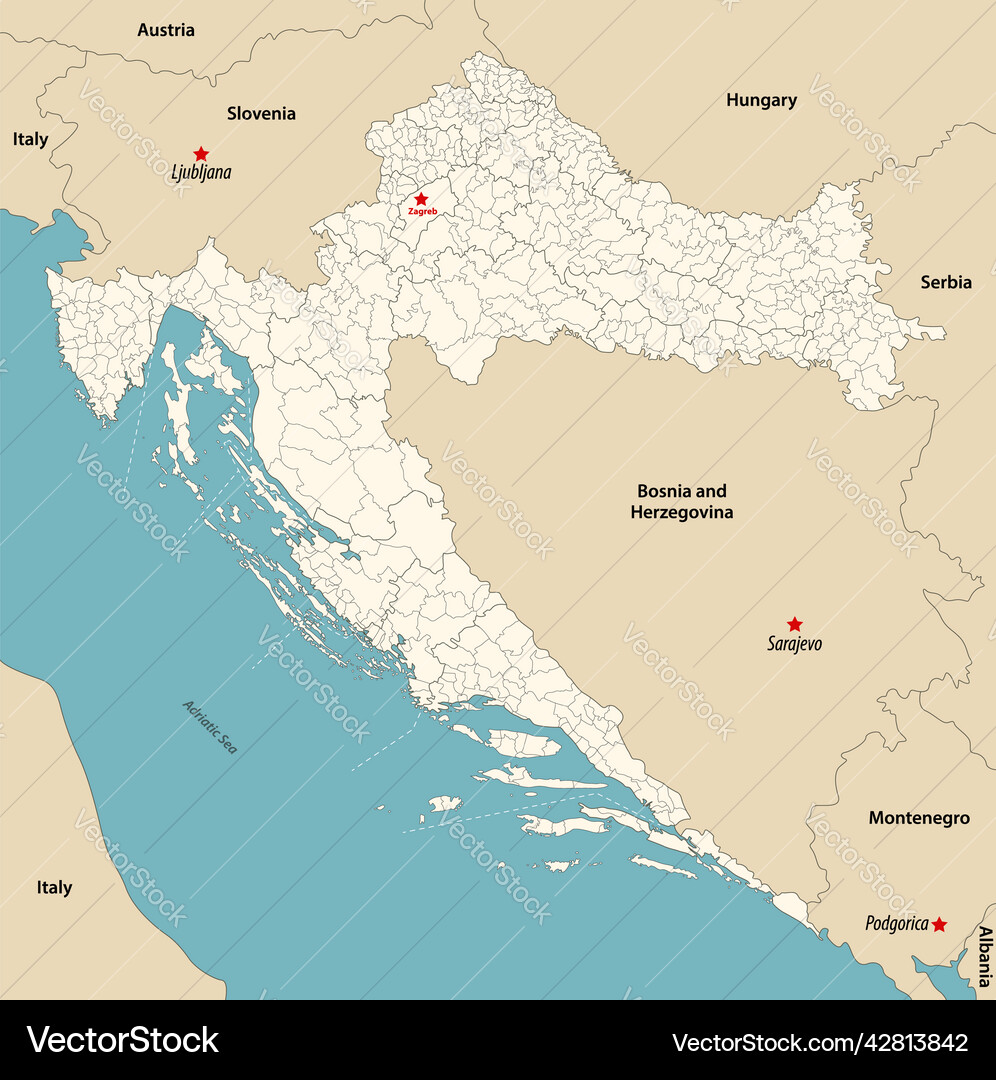 Croatia municipalities map colored by counties Vector Image