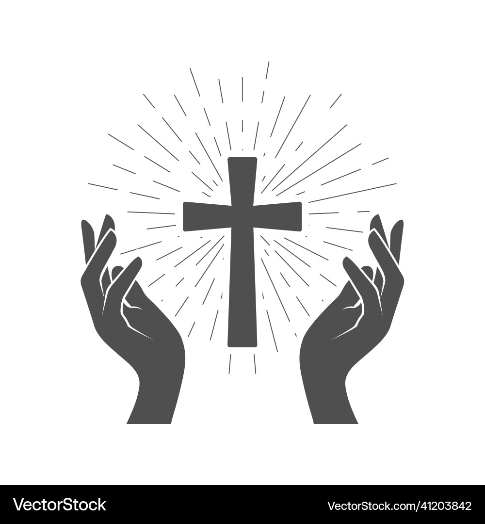 Prayer symbol shining crucifix and hands Vector Image