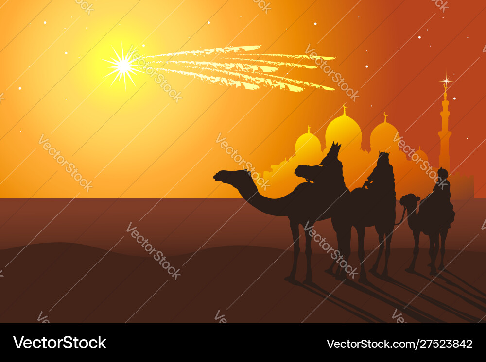 Three kings ride camels from oriental countries Vector Image