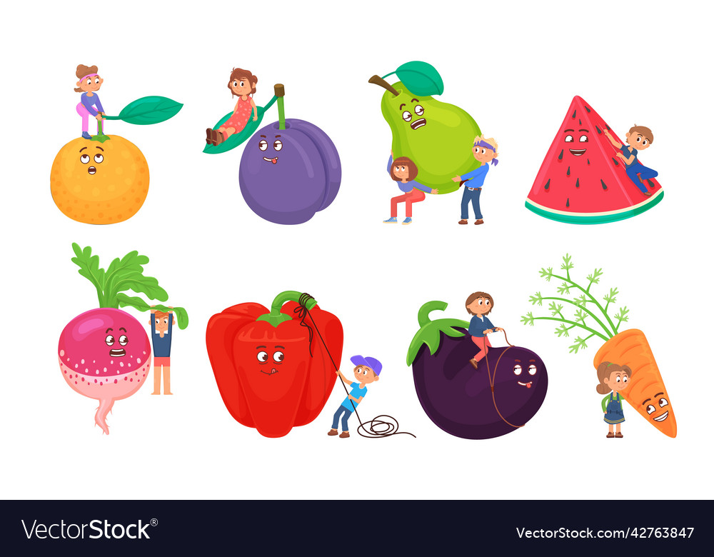 Kids and vegan food cartoon vegetables characters Vector Image
