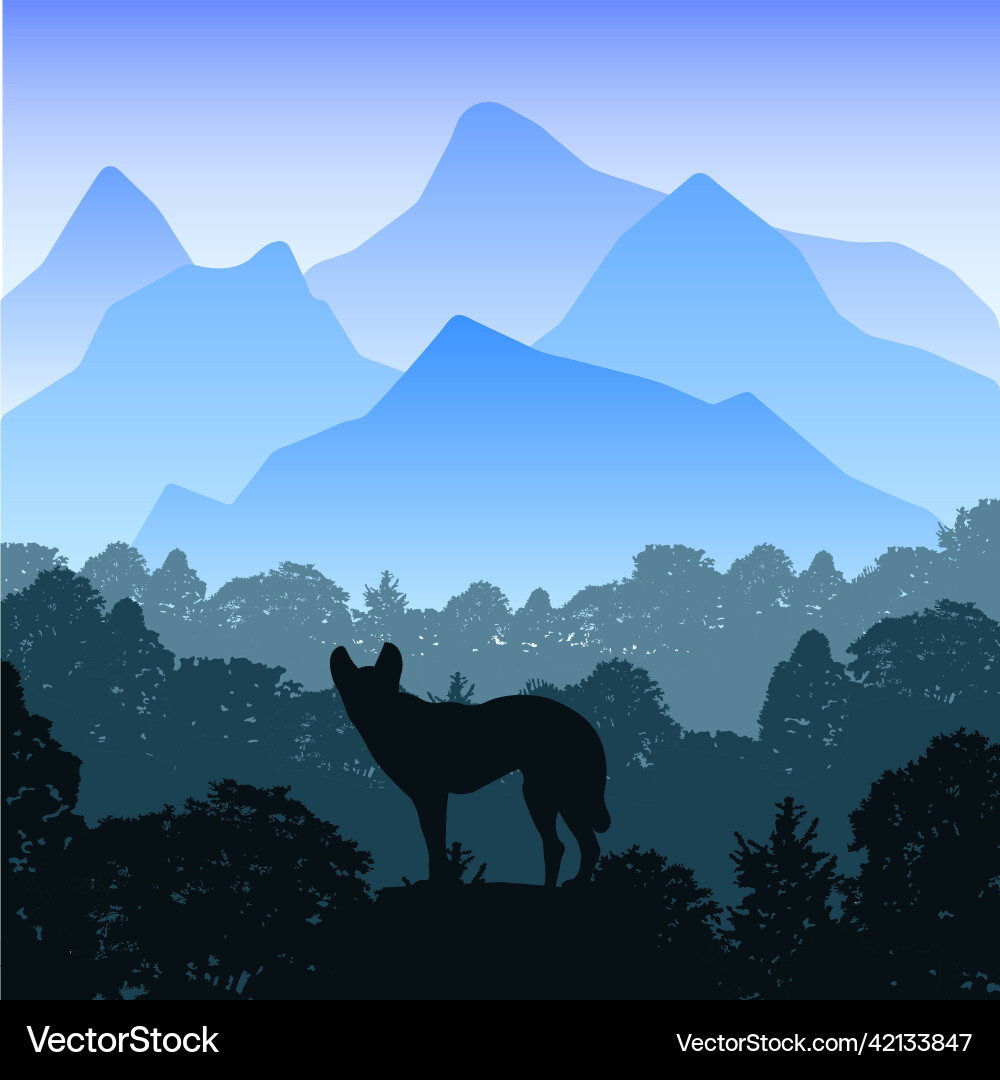 Landscape howling wolf stands on a rock Royalty Free Vector