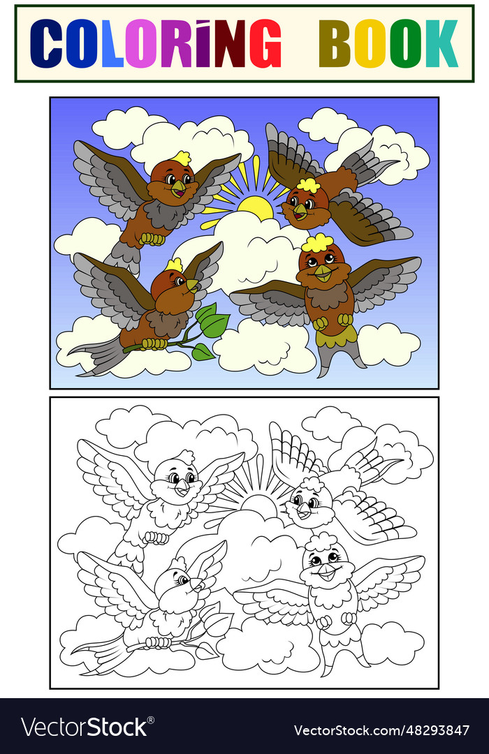 Set coloring and color book four sparrows Vector Image