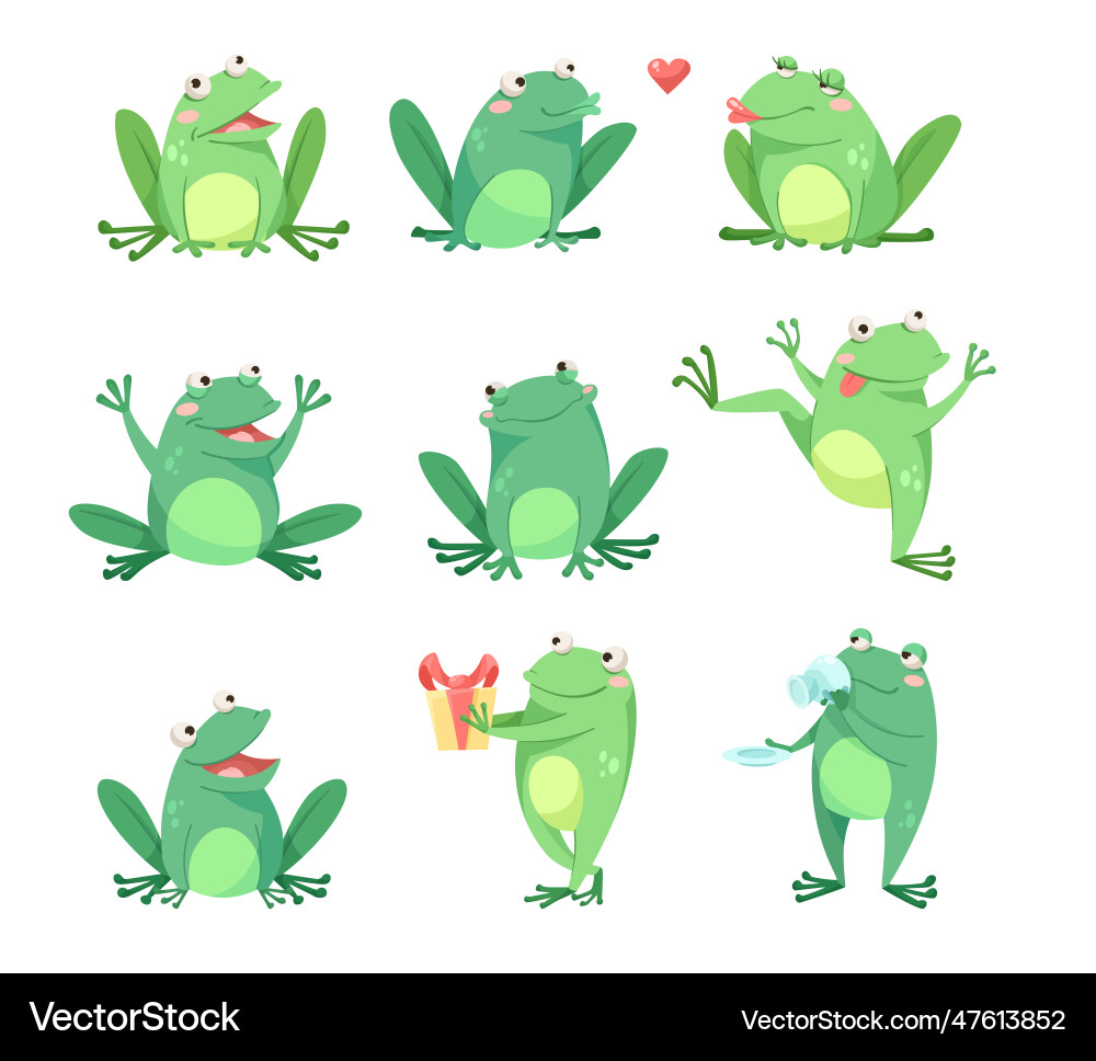 Cute green leaping frog character sitting Vector Image