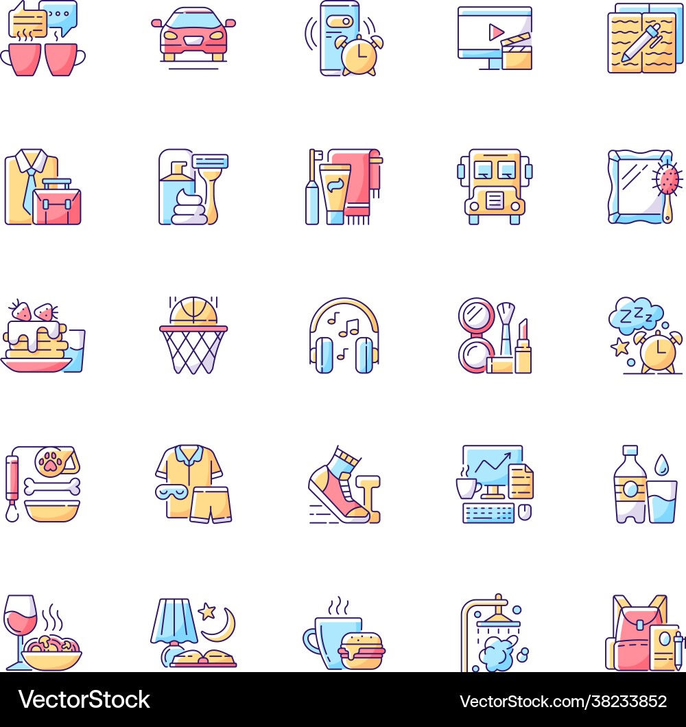 Everyday routine rgb color icons set Royalty Free Vector