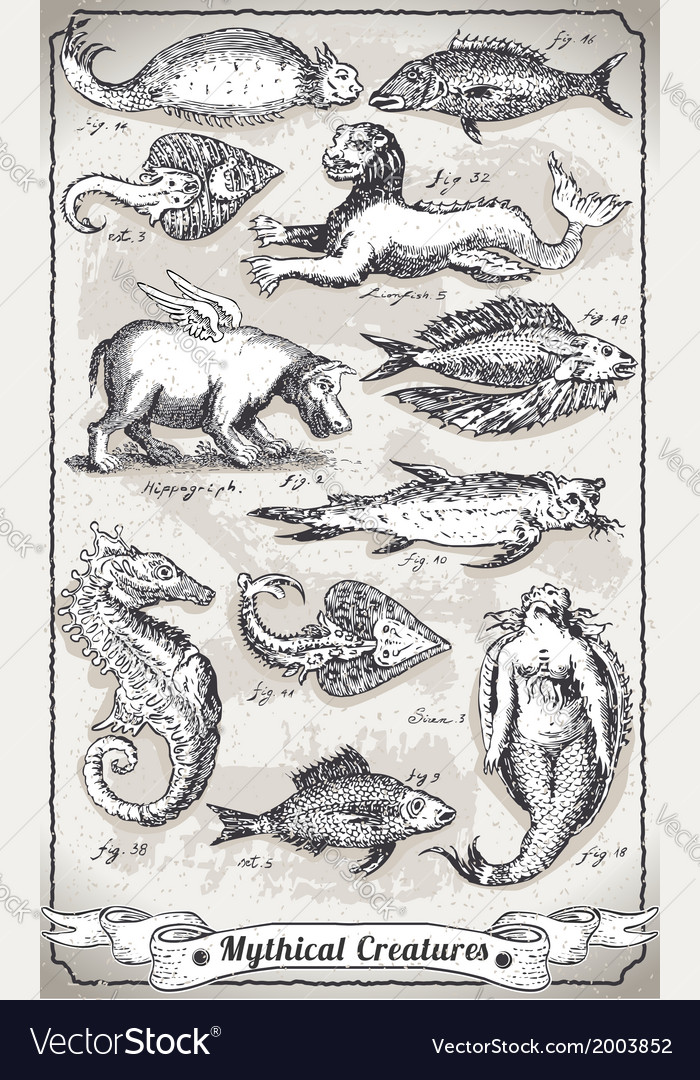 Vintage set mythical creatures Royalty Free Vector Image Vintage set mythical creatures Royalty Free Vector Image