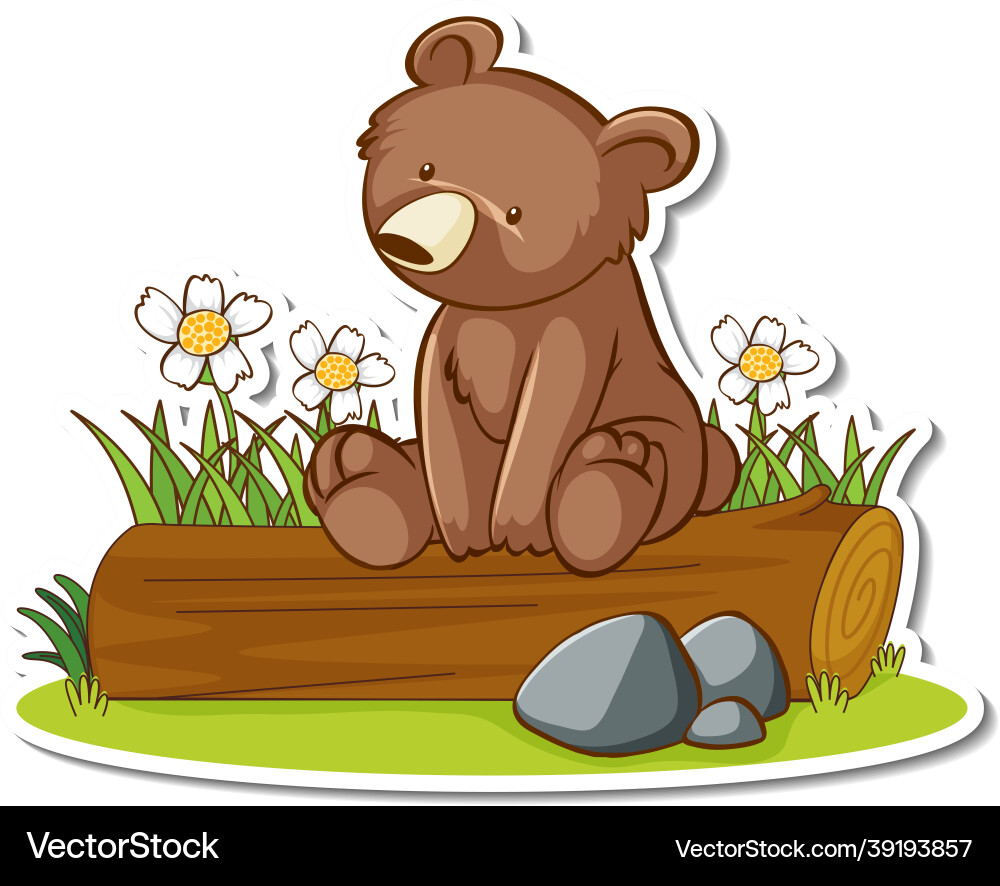 Grizzly bear sitting on a log sticker Royalty Free Vector