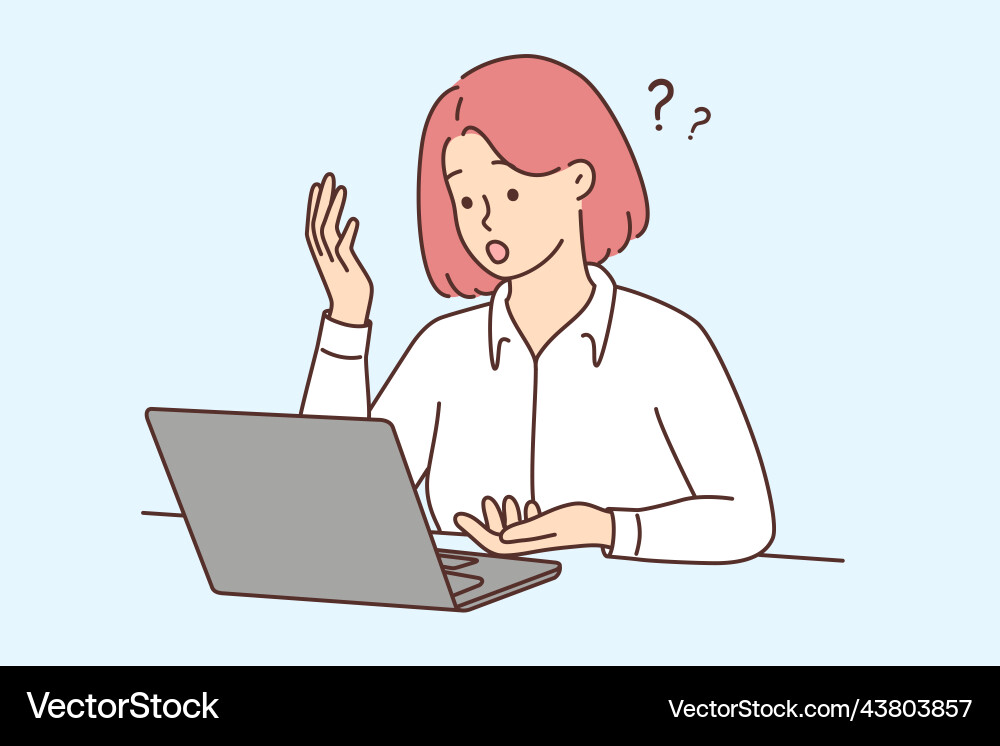 Woman look at laptop screen confused with problem Vector Image