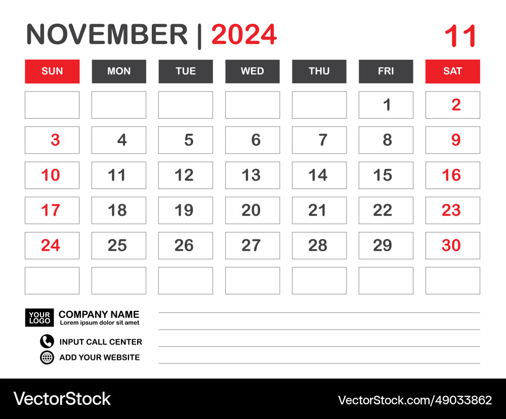 Calendar 2024 template november layout desk Vector Image
