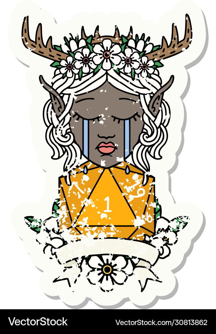 Sad elf druid character face with natural one d20 Vector Image