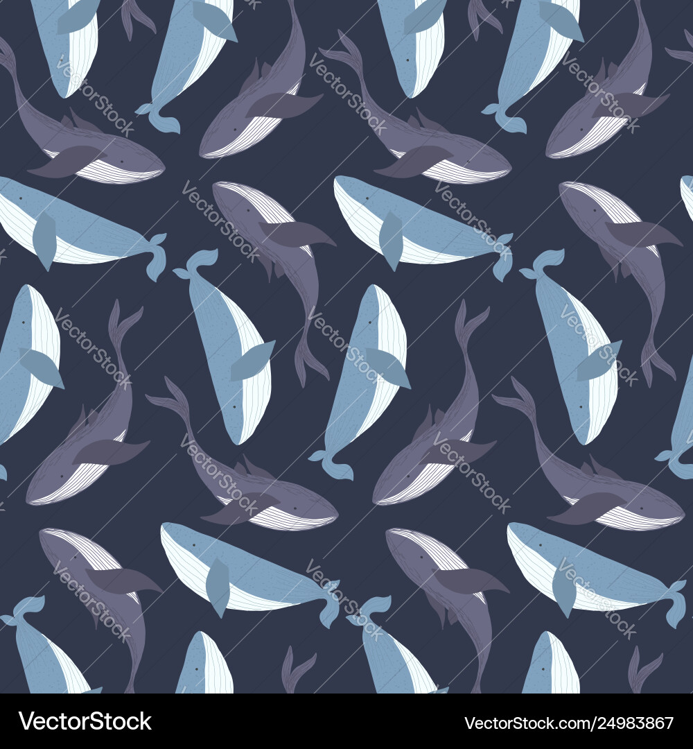 Dark blue marine pattern with hand drawn whales Vector Image
