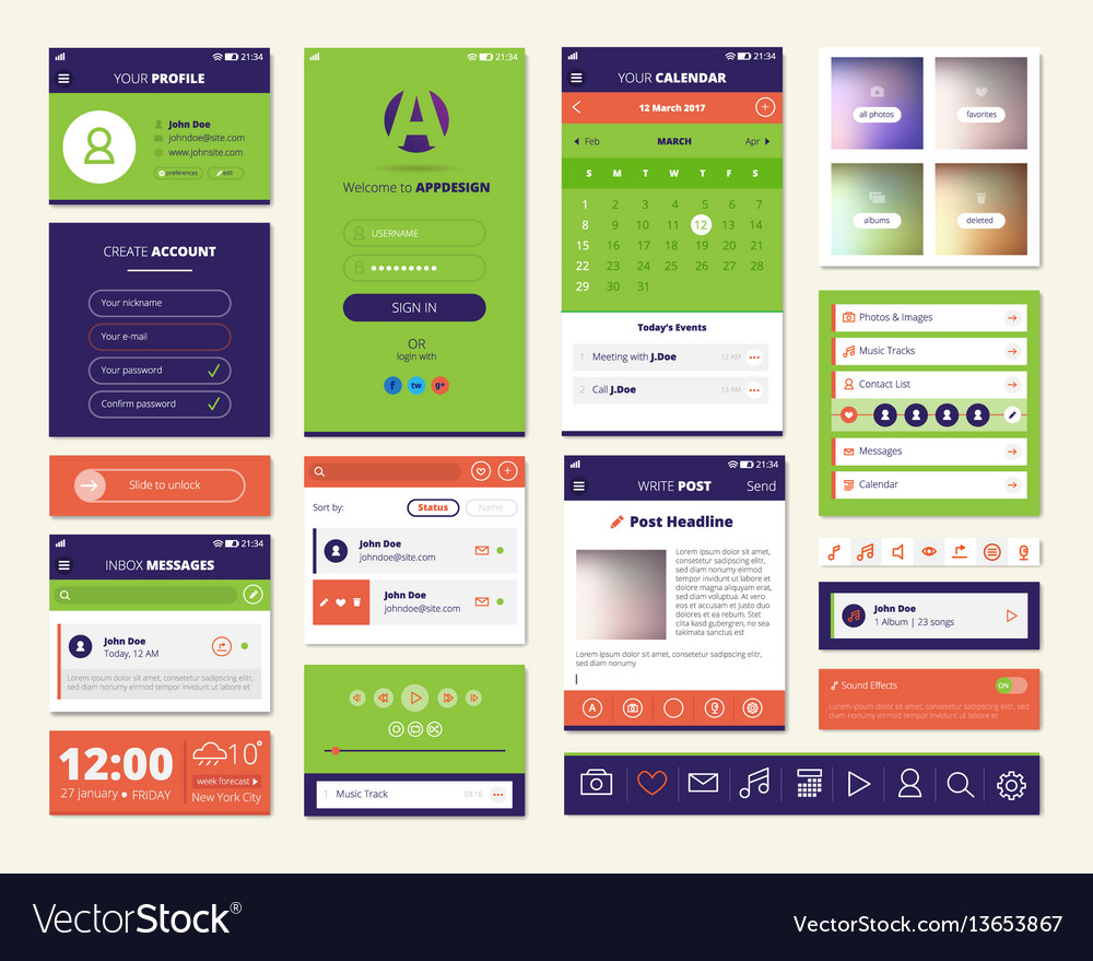 Mobile apps screen elements set Royalty Free Vector Image