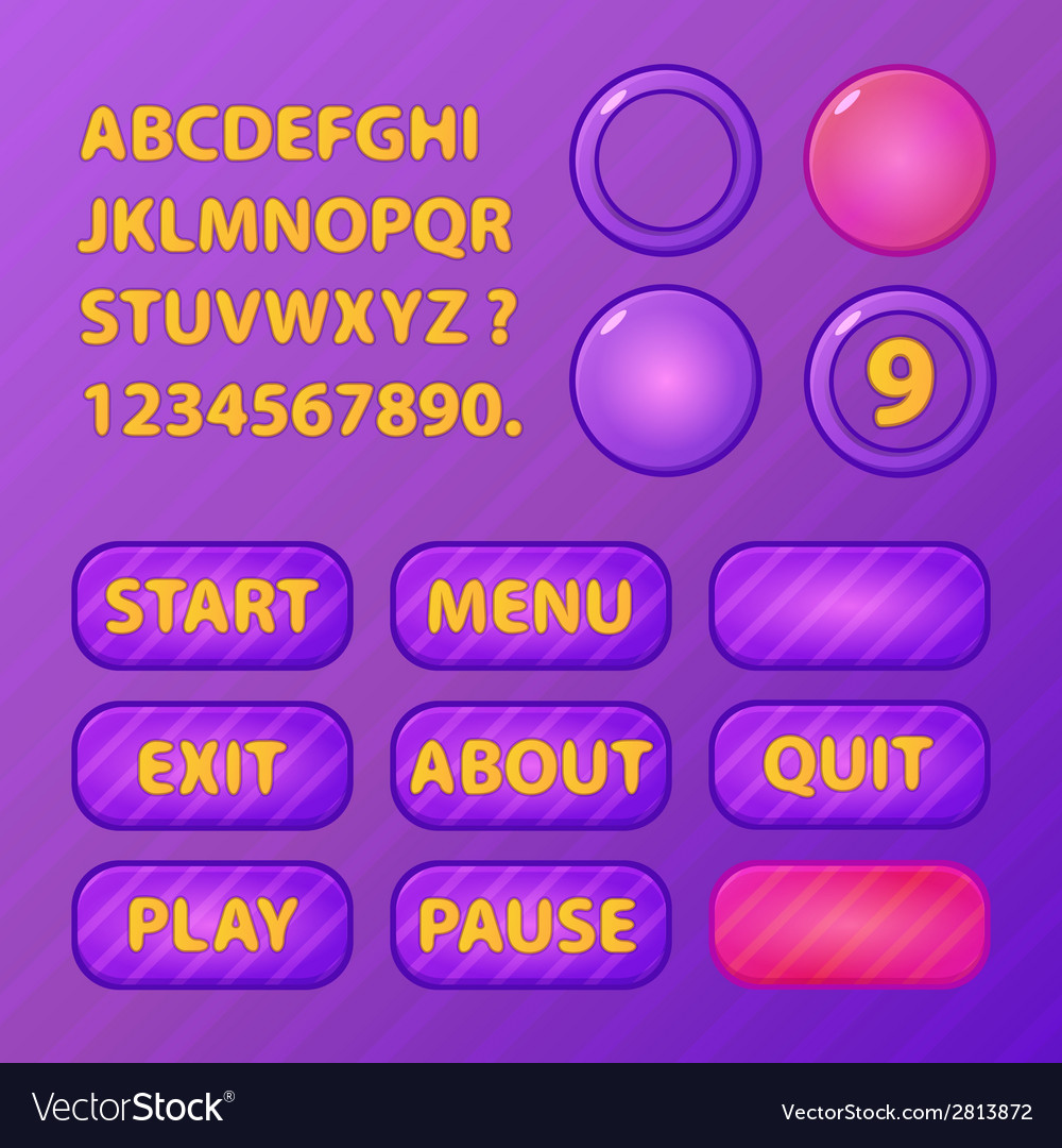 Game menu buttons - ui elements and font for game Vector Image