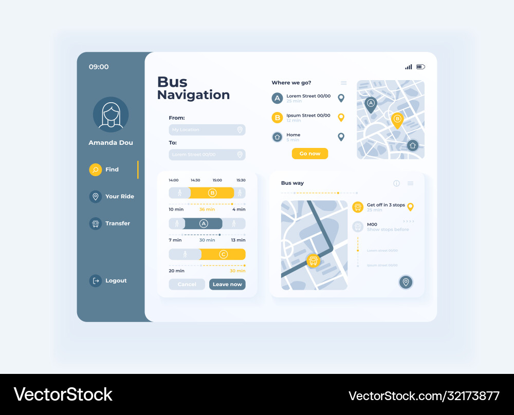 Bus navigation tablet interface template Vector Image