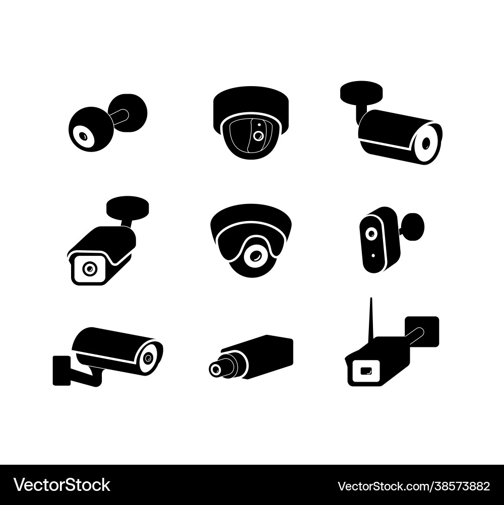 Video surveillance cctv camera black icons set Vector Image