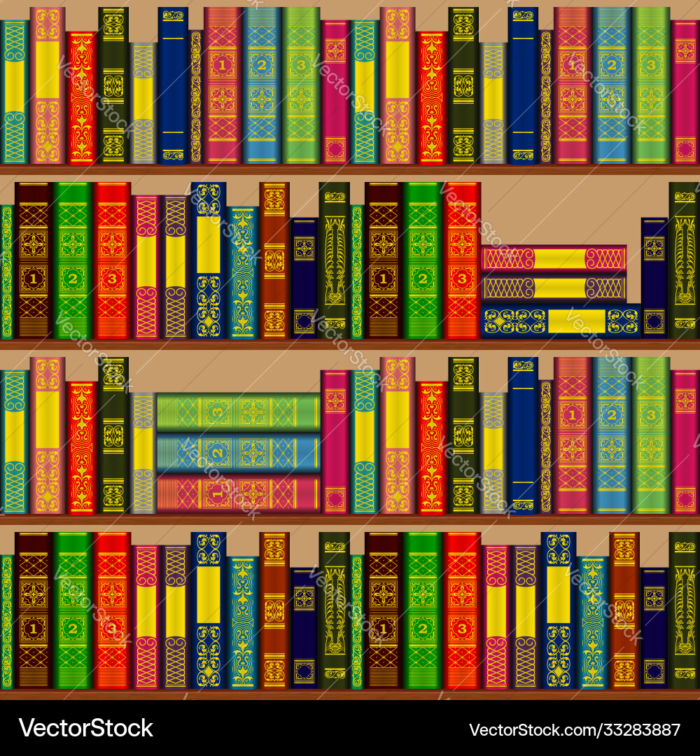 Bookcase with rows and stacks books on shelves Vector Image