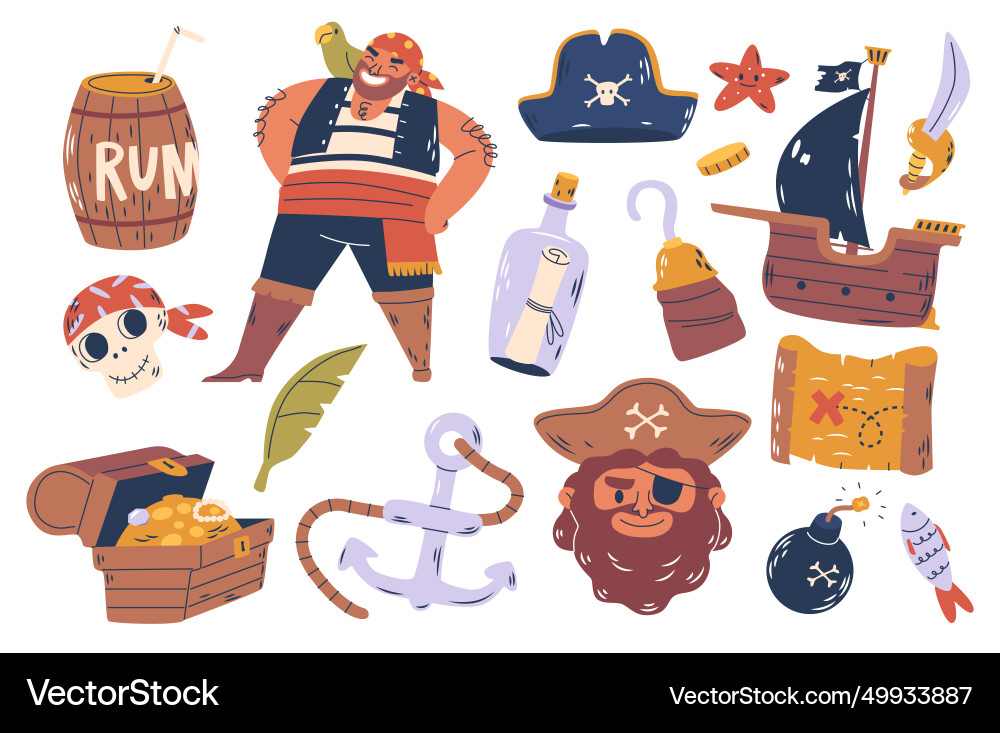 Pirate items set comprises weathered tricorn hat Vector Image