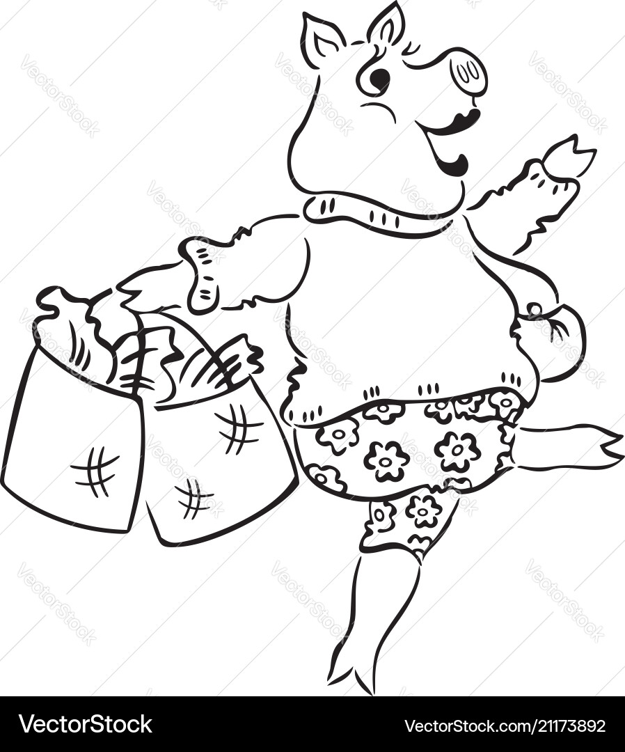 Pig lady dancing outlined cartoon hand drawn Vector Image