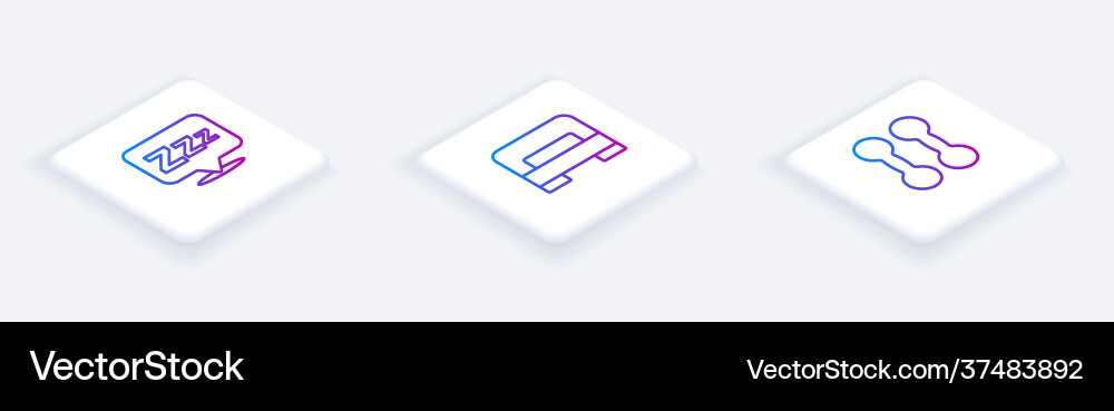 Set isometric line sleepy big bed and dumbbell Vector Image