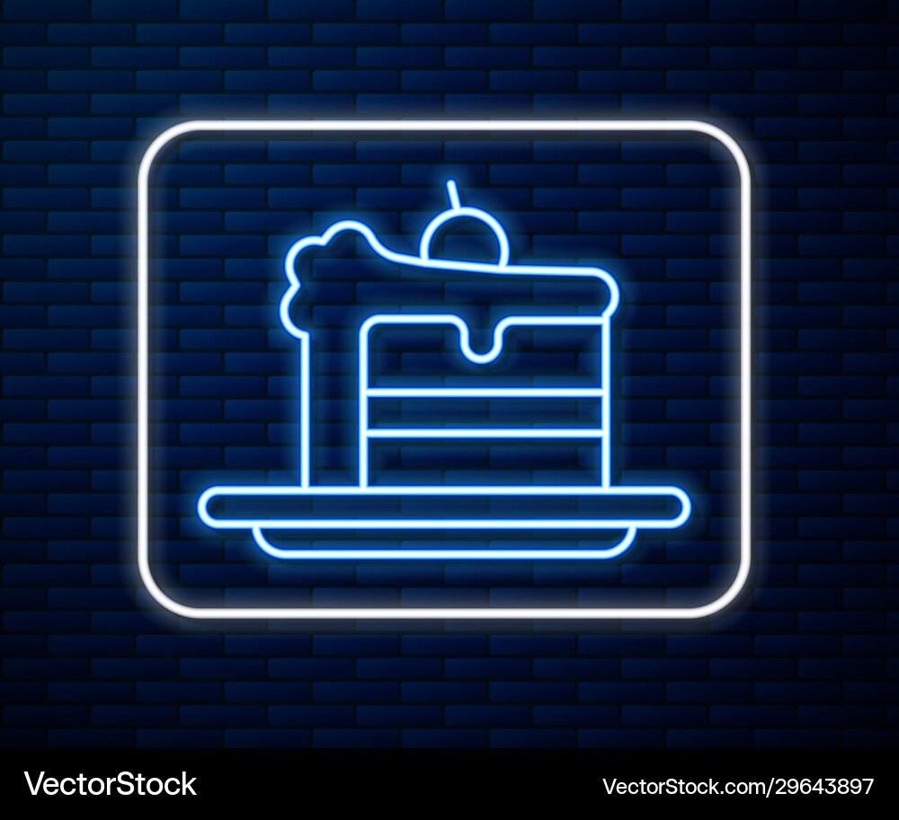 Glowing neon line cake icon isolated on brick wall