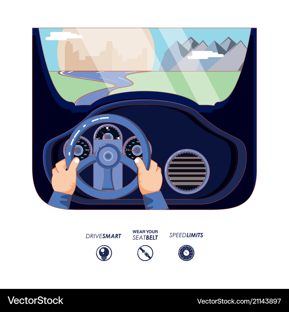 Hands driving car with driver safely icons Vector Image