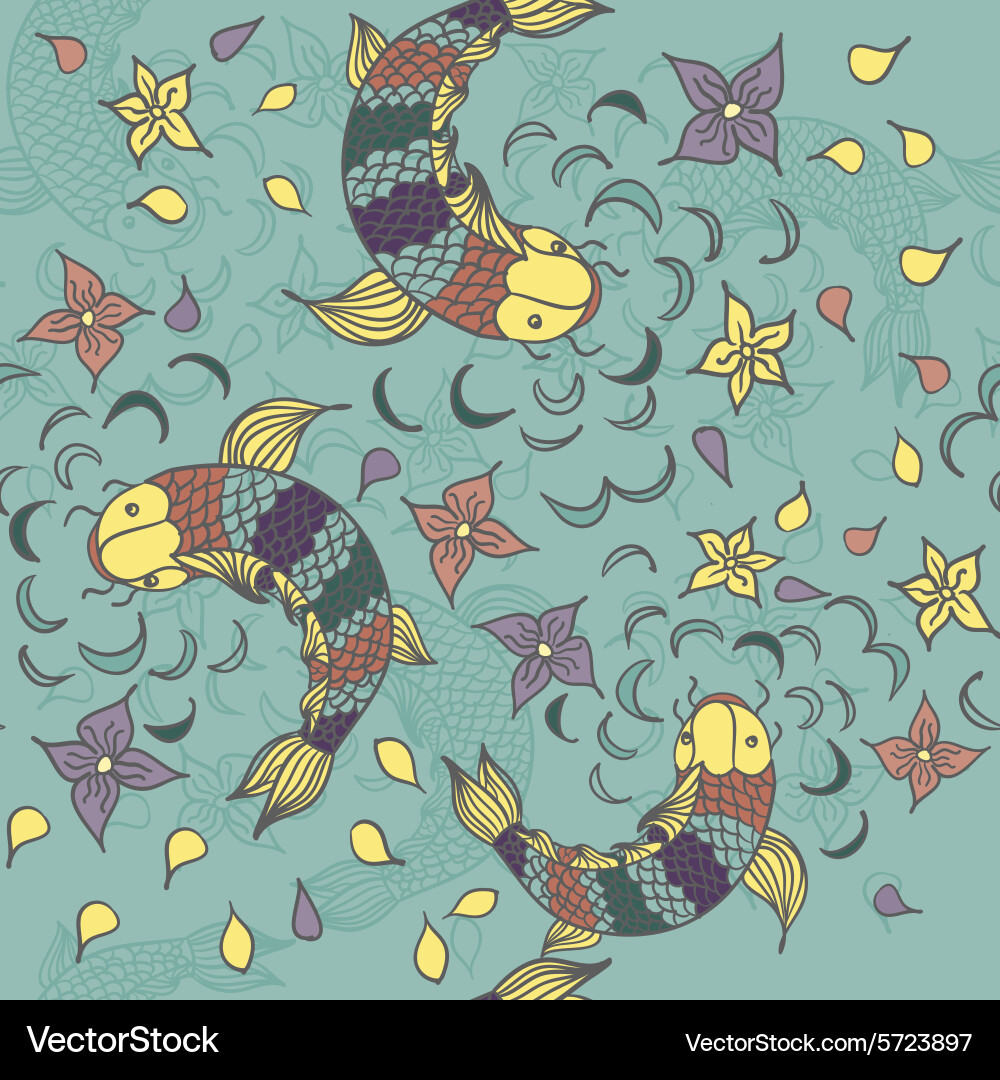 Seamless pattern with hand drawn fishes flowers Vector Image