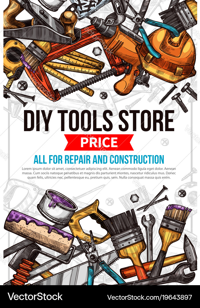 Sketch poster home repair work tools Royalty Free Vector