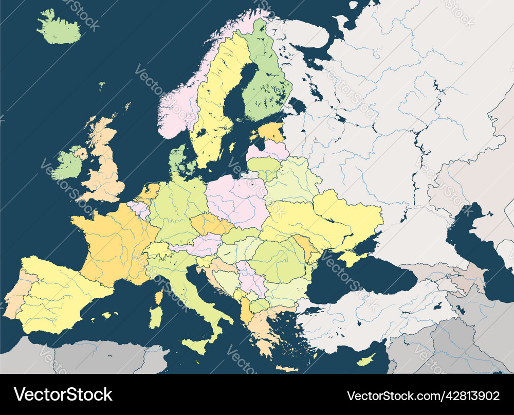 Europe main rivers high detailed map Royalty Free Vector
