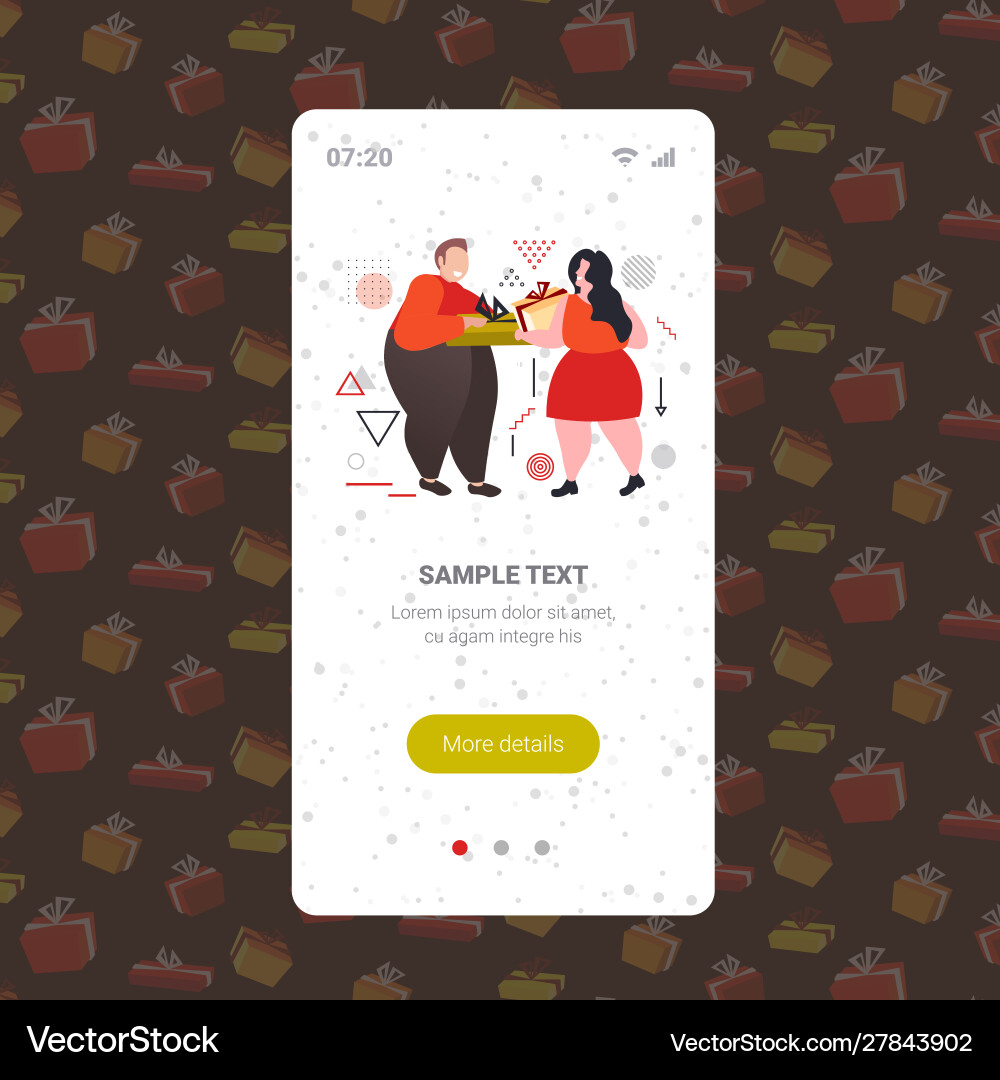 Fat obese couple giving gift present boxes to each