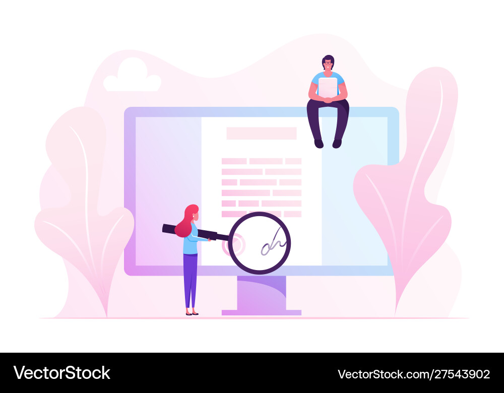 Online contract signing concept tiny woman Vector Image
