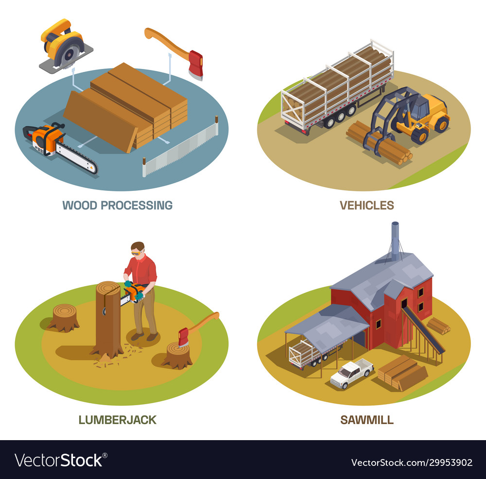 Timber mill compositions set Royalty Free Vector Image