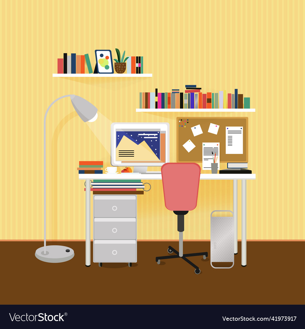 Flat designer workplace concept Royalty Free Vector Image