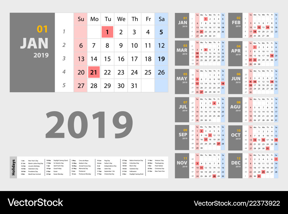 2019 new year calendar in clean minimal table Vector Image