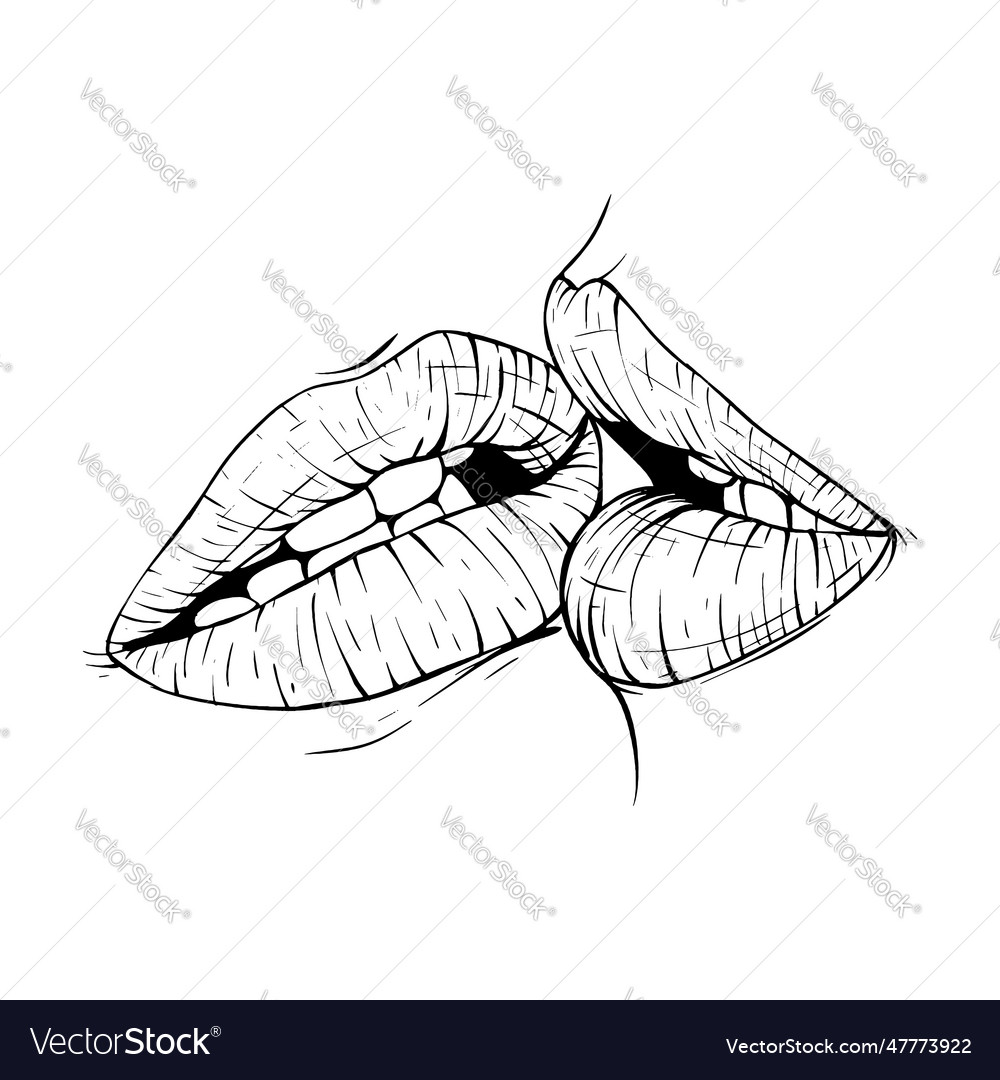 Couple kissing lips sketch line art Royalty Free Vector