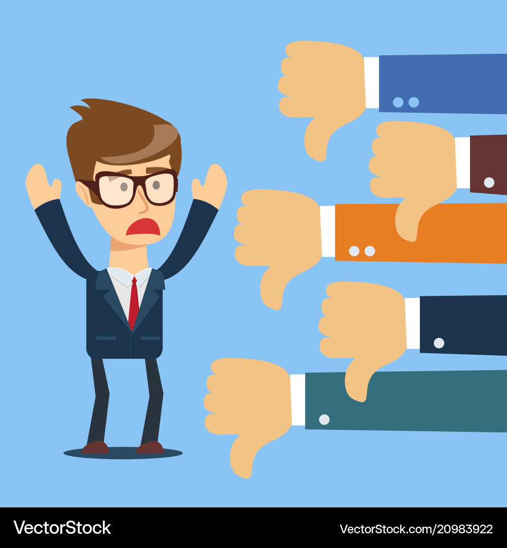 Sad businessman and many hands with thumbs down Vector Image