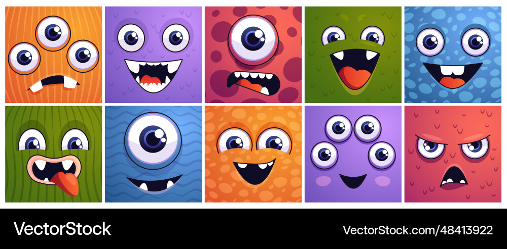 Square monster faces cartoon alien and dinosaur Vector Image