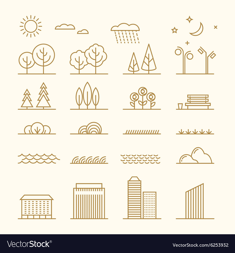 Linear landscape elements icons set Line Vector Image