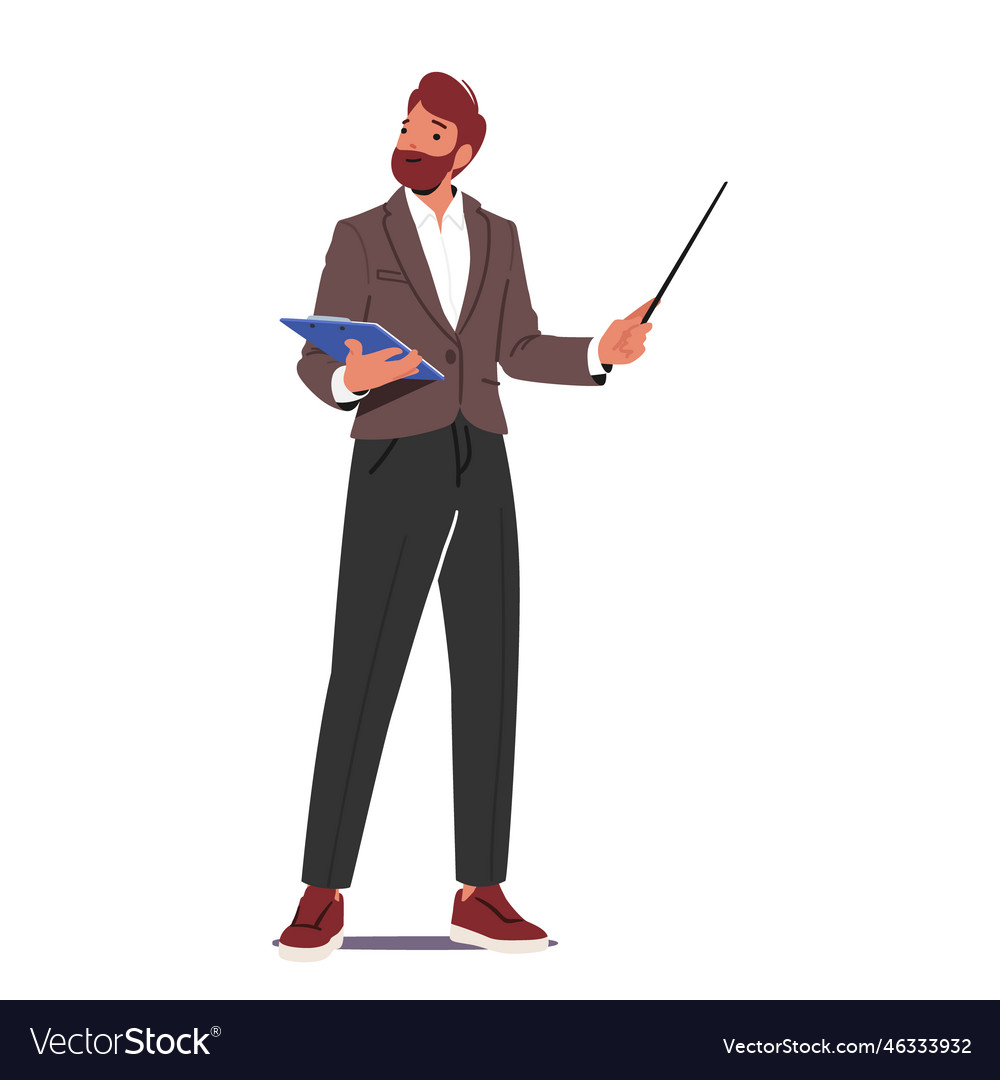 Male teacher character holding pointer Royalty Free Vector