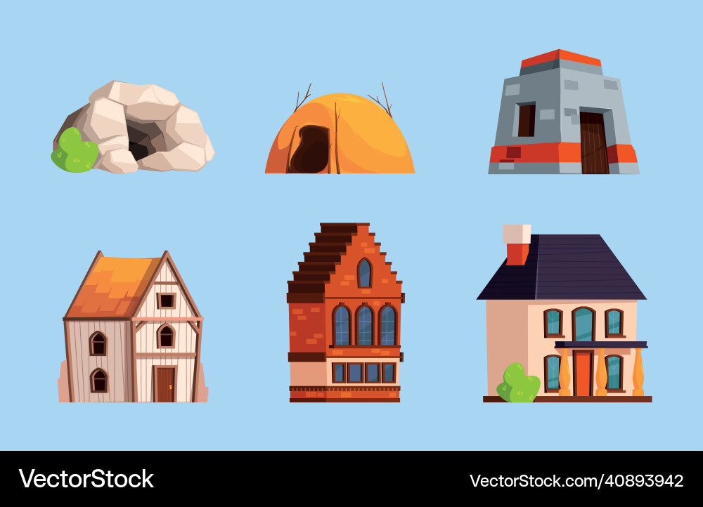 Building evolution simple rock cave wooden houses Vector Image