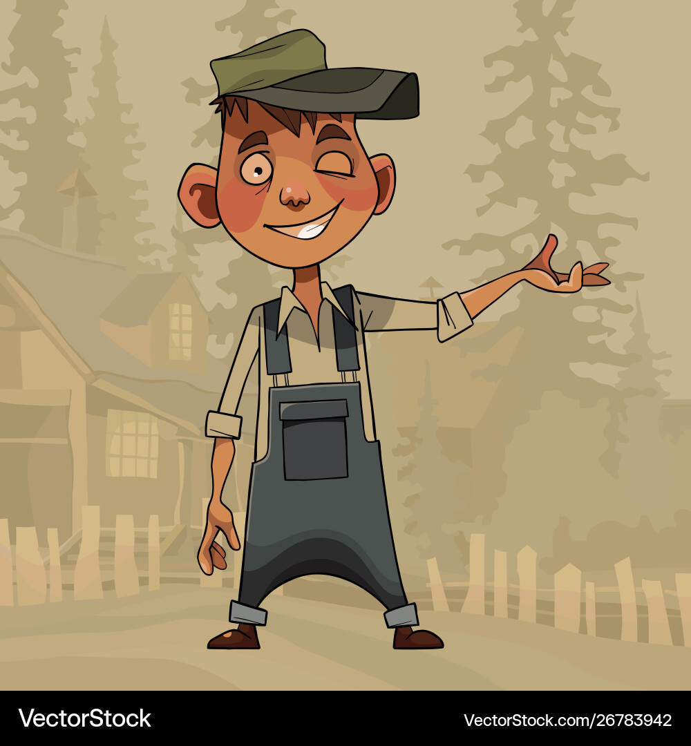 Cartoon cheerful winking village boy points his Vector Image