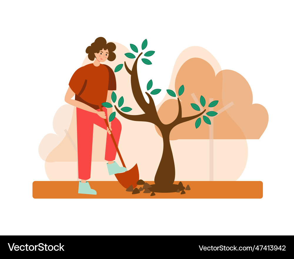 Cartoon girl plants tree by digging ground Vector Image