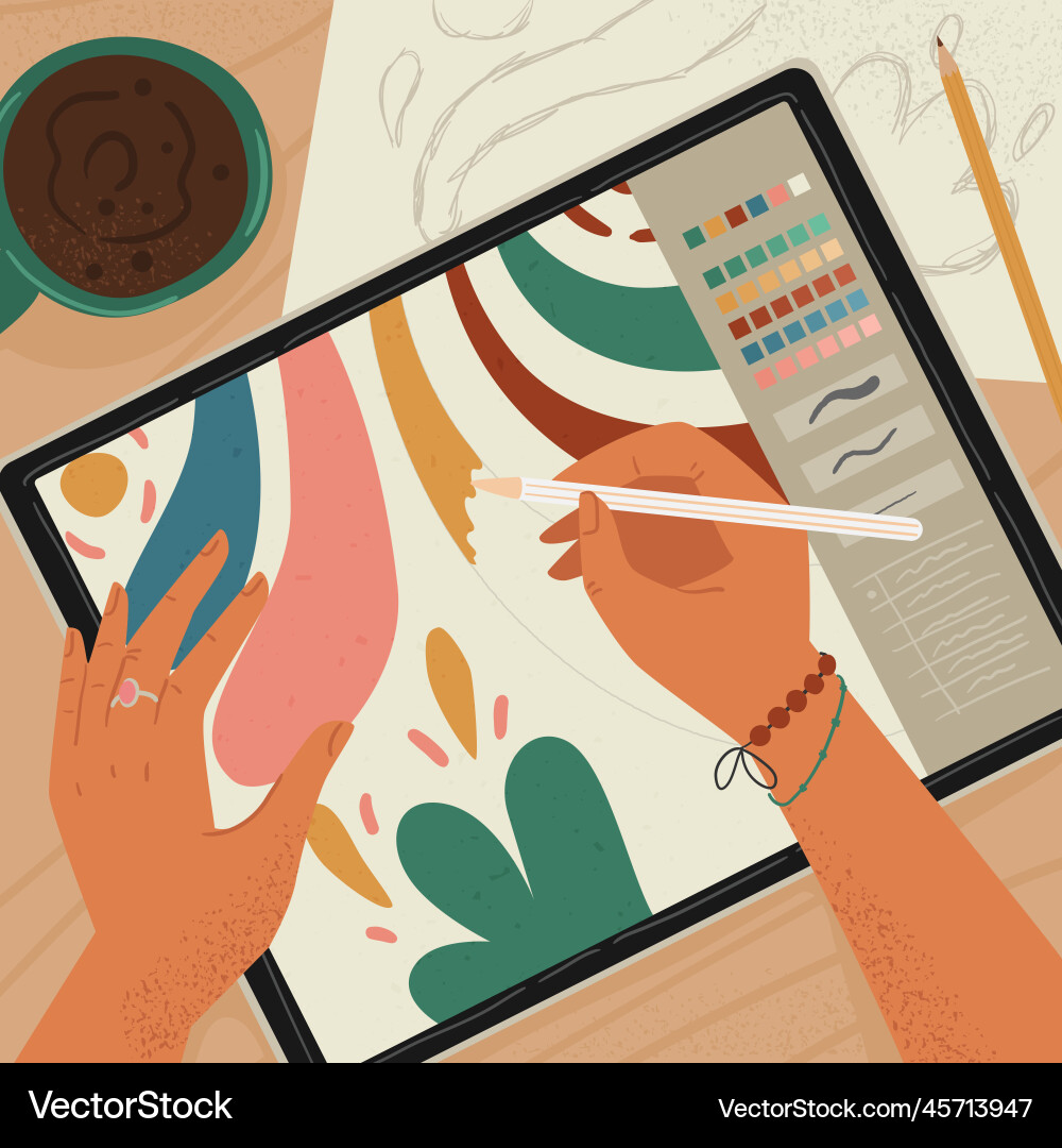 Artist graphic designer uses digital tablet Vector Image