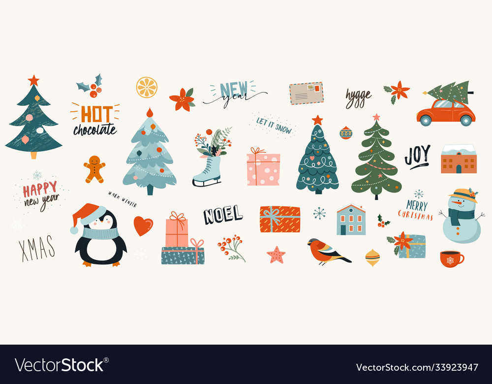 Collection christmas decorations holiday gifts Vector Image