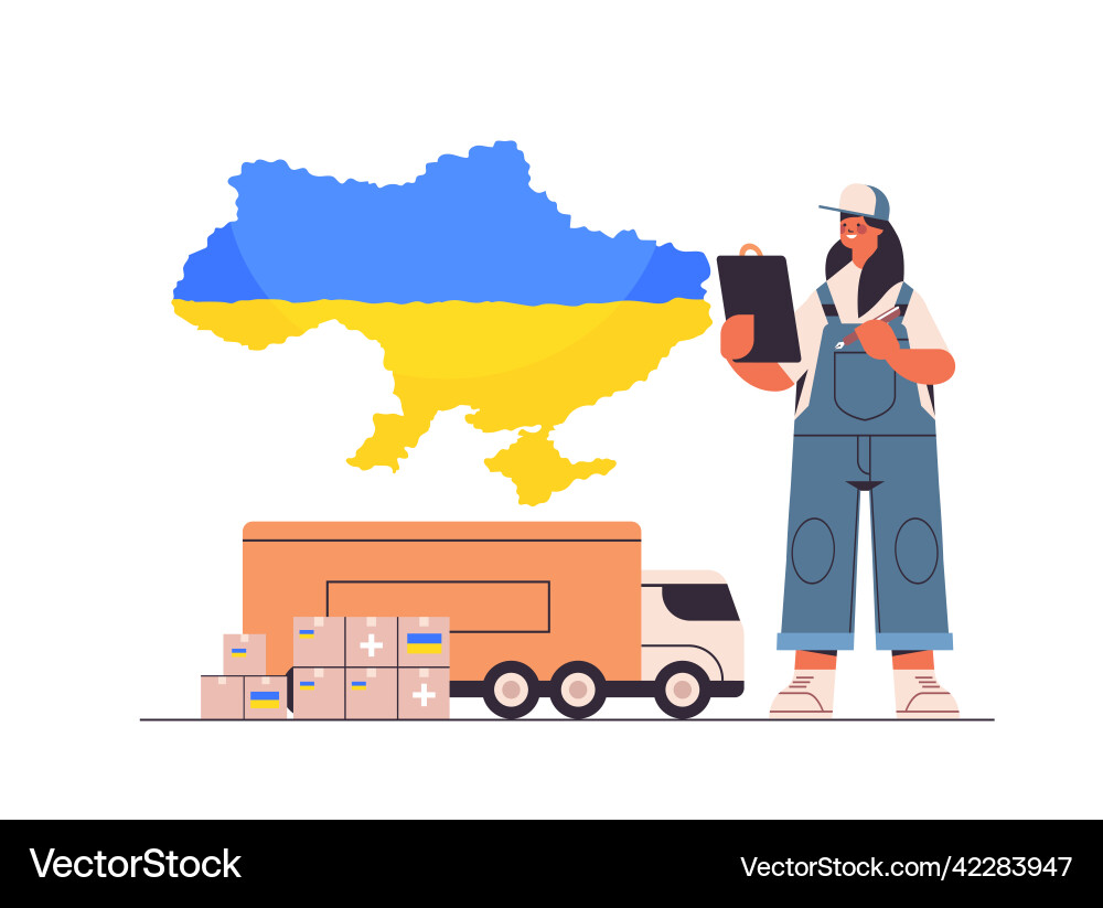 Delivery woman giving help boxes with ukrainian Vector Image