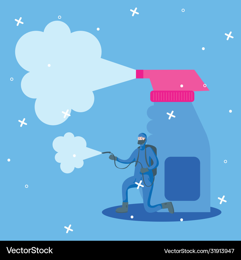 Man with protective suit spraying and spray bottle