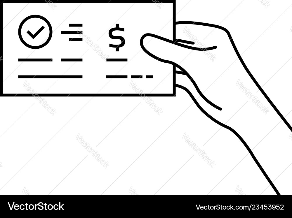 Black contour hand holding bank check Royalty Free Vector