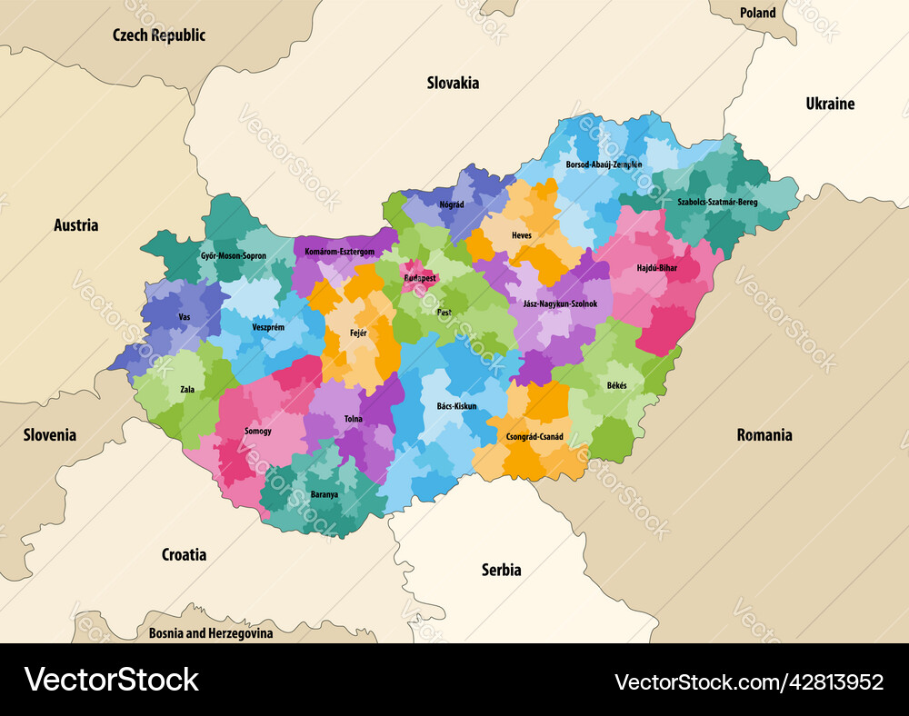 Map of districts hungary colored by counties Vector Image