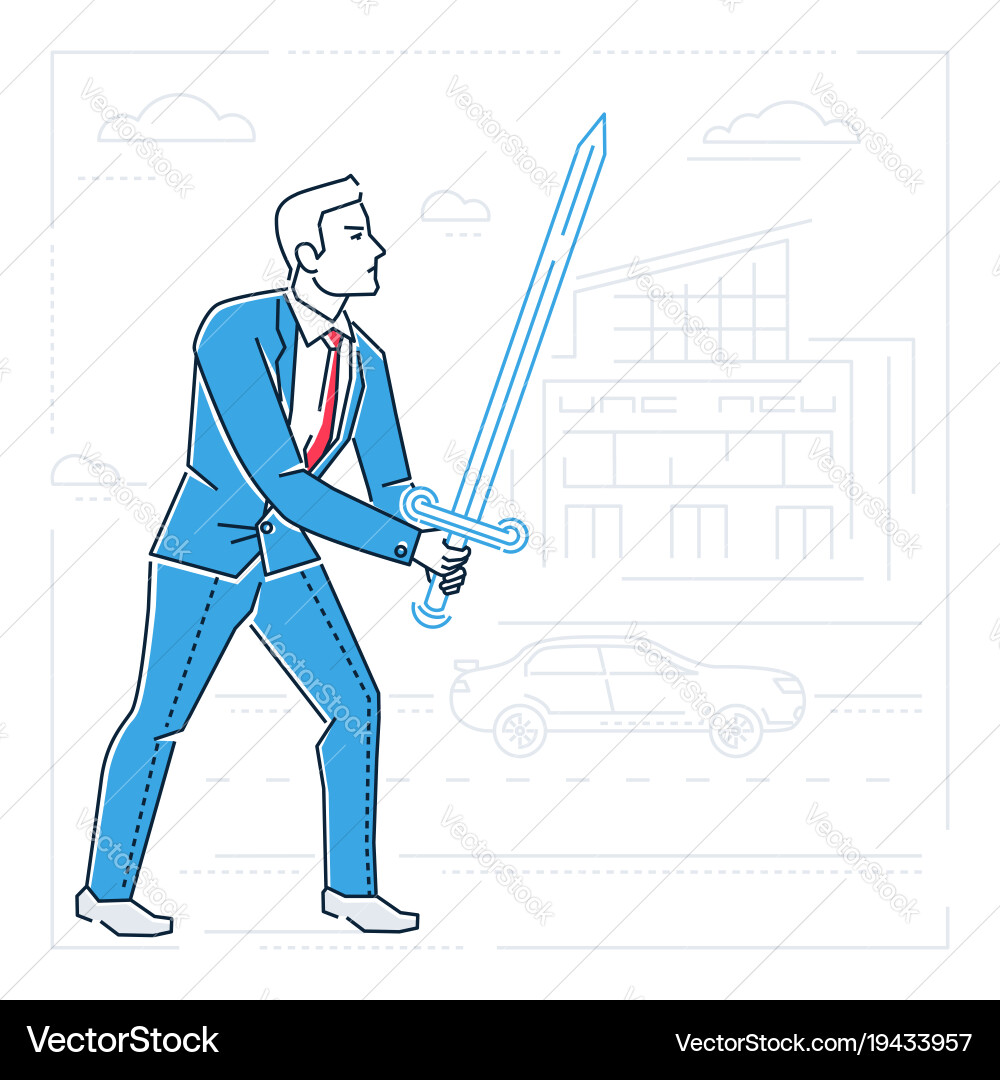 Businessman with a sword - line design style Vector Image