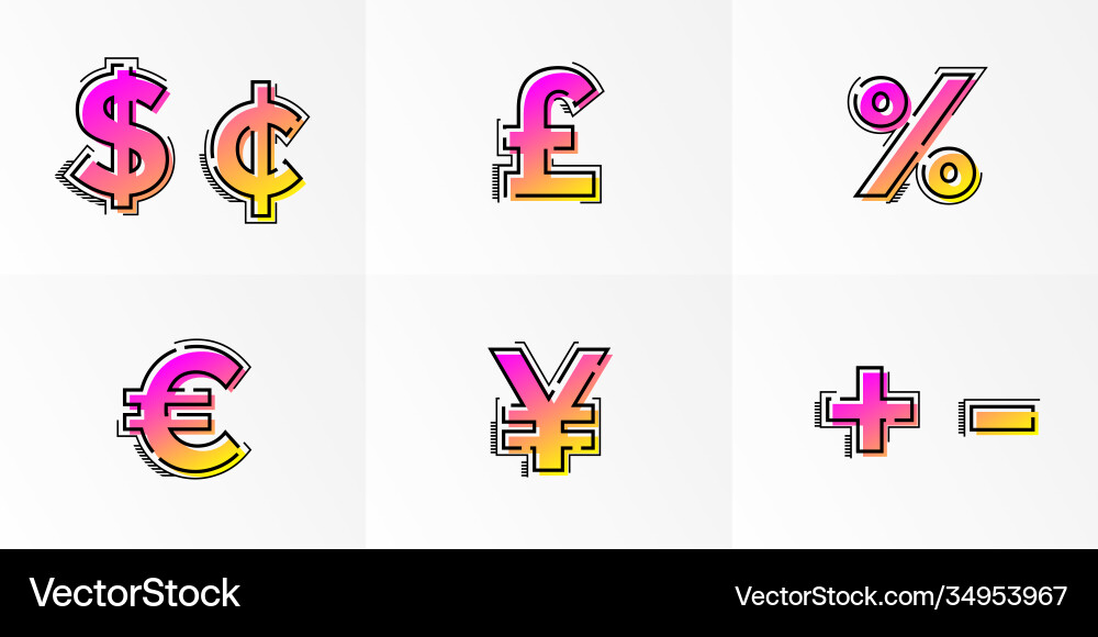 Font currency signs alphabet set letters gradient Vector Image