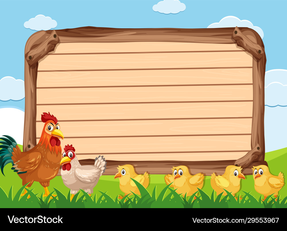 Wooden sign template with many chickens Royalty Free Vector